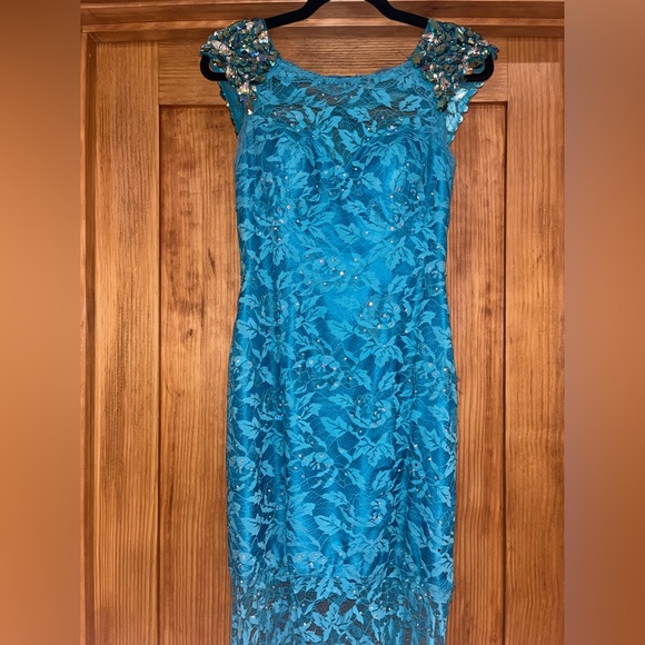 Flirt | Dresses | Aqua Flirt Lace Gown With Embellished Sleeves | Poshmark